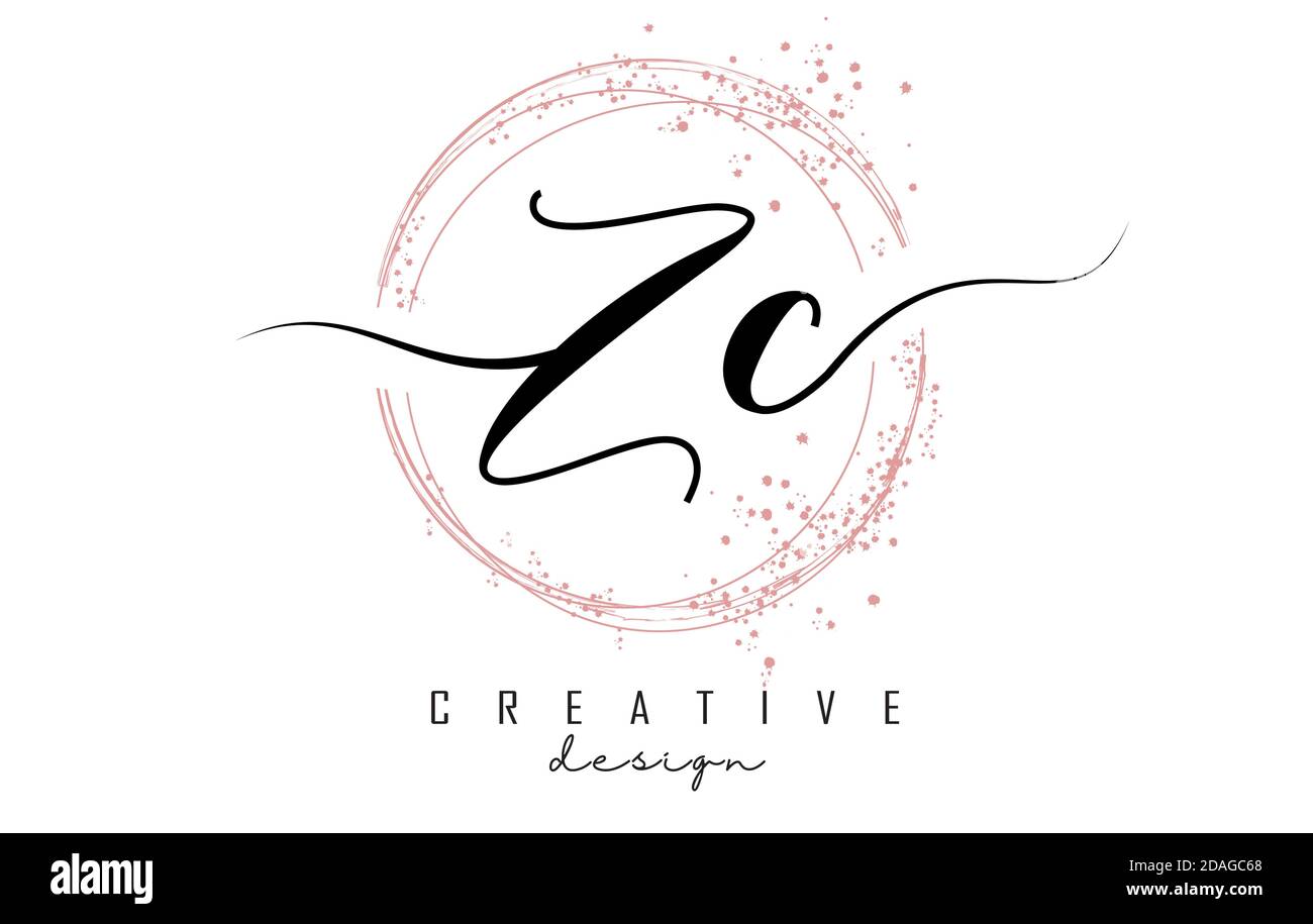 Handwritten ZC Z C letter logo with sparkling circles with pink glitter ...