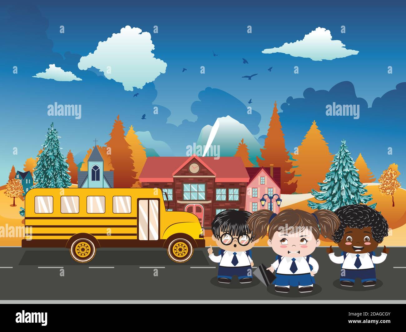 Back to school illustration with happy kids and rural school building ...