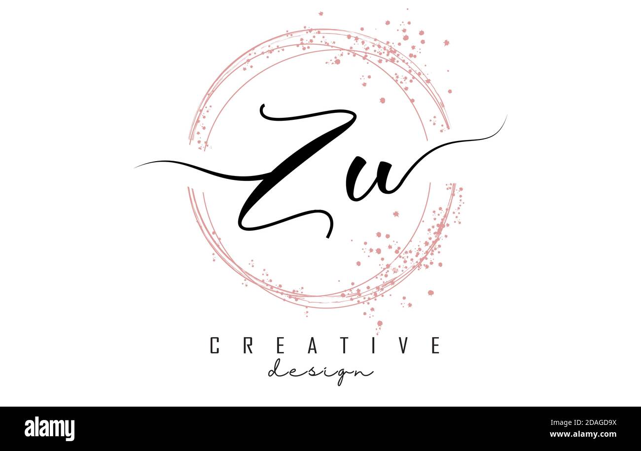 Handwritten ZU Z U letter logo with sparkling circles with pink glitter ...