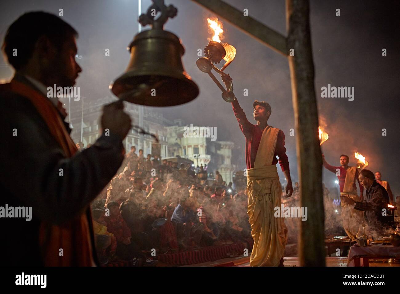 Varanasi, India, January 2016. Daily sunset ceremony of the Ganga Aarti ...