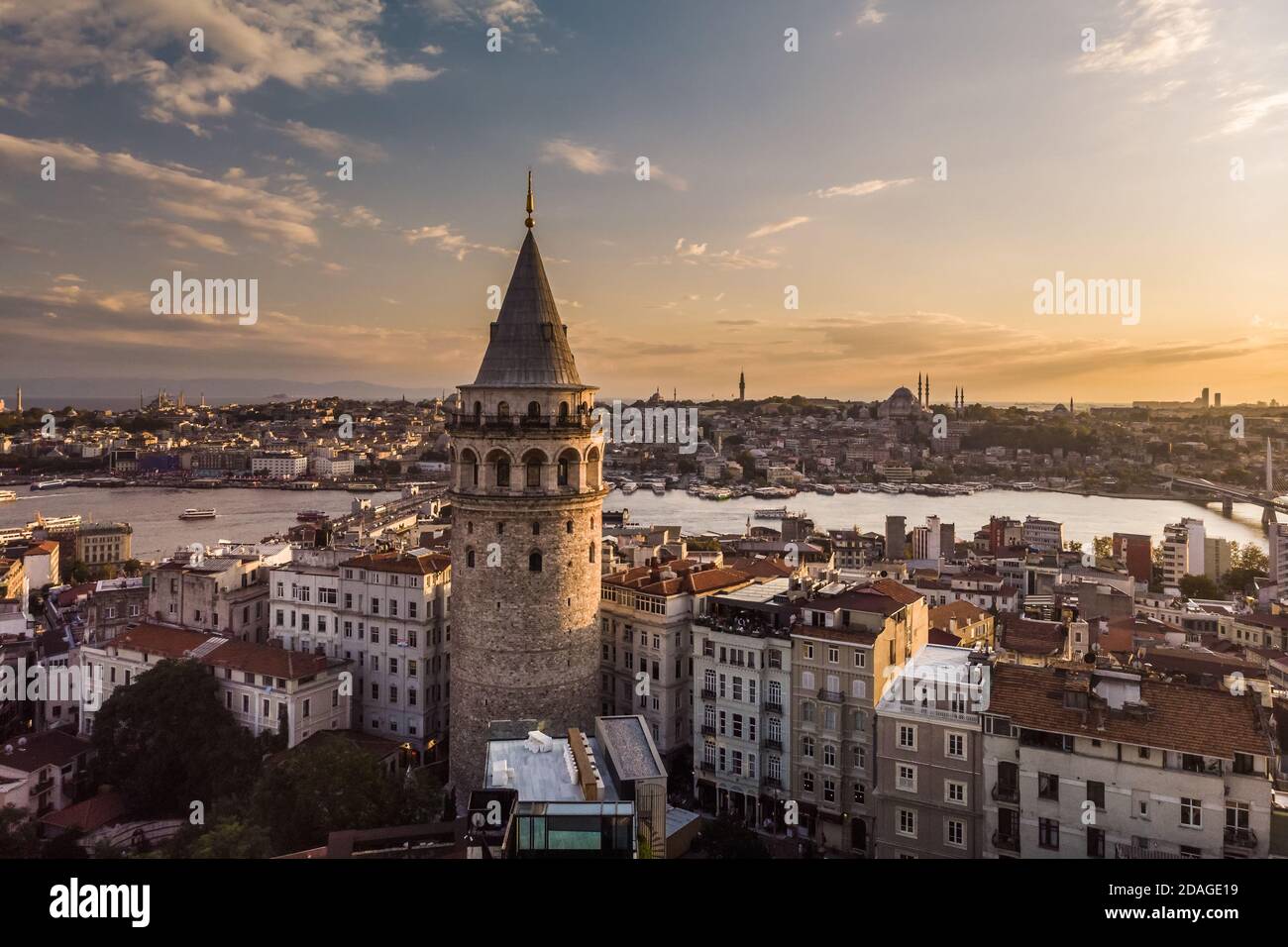 Aerial evening shot of the Galata Tower in Istanbul, Turkey. Aerial ...