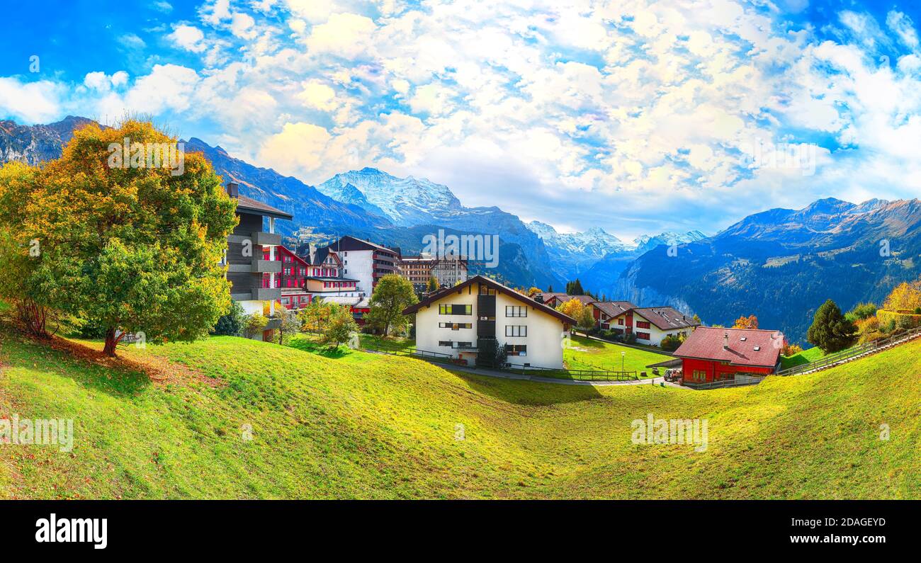 Astonishing autumn view of picturesque alpine village Wengen. Sunny ...