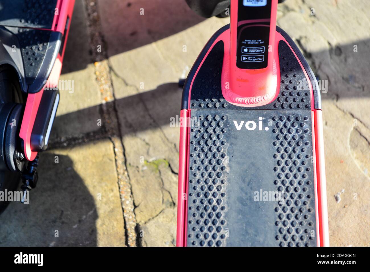 Cambridge UK, England , 07-11-2020. Close up of Voi e-scooter used ...