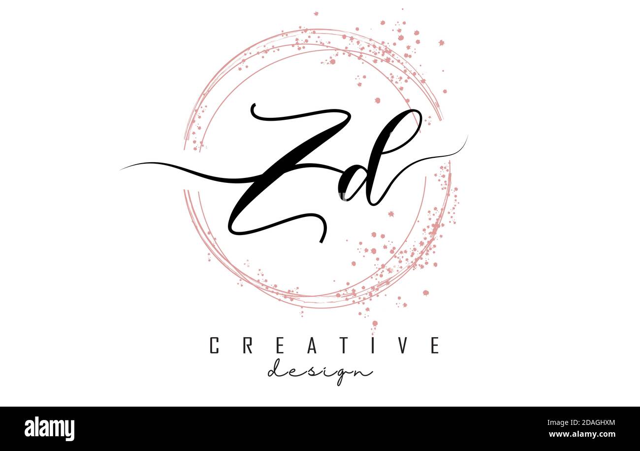 Handwritten ZD Z D letter logo with sparkling circles with pink glitter. Decorative vector ...