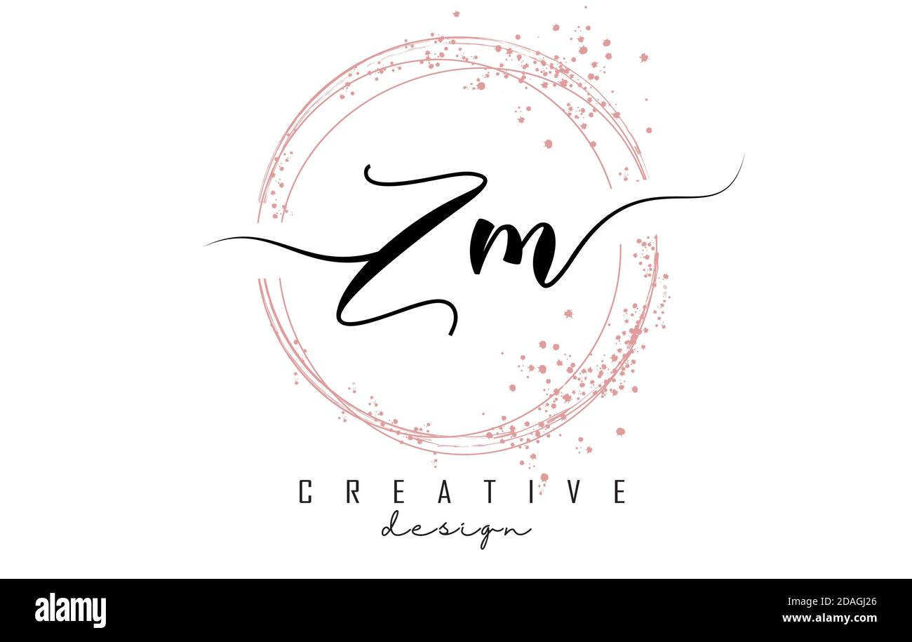 Handwritten ZM Z M letter logo with sparkling circles with pink glitter ...