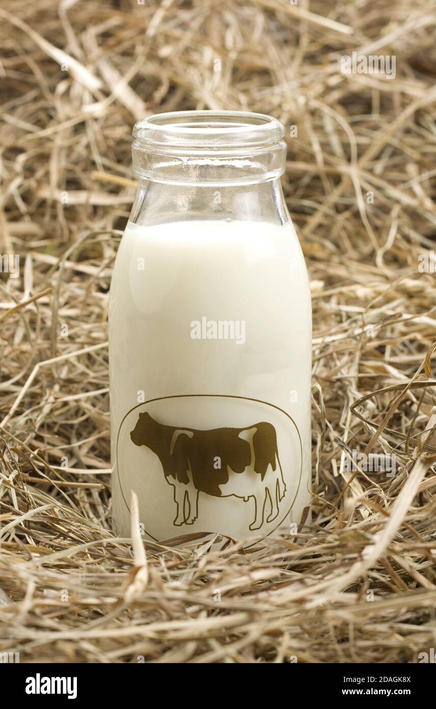 Vertical shot of a glass bottle of fresh milk in the hay Stock Photo ...