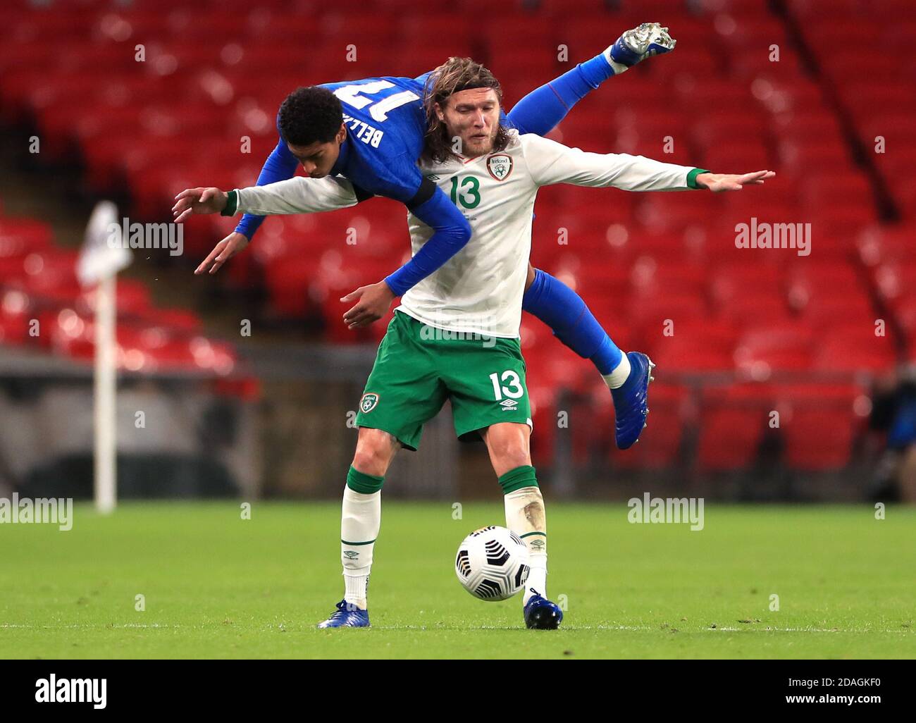 England's Jude Bellingham (left) and Republic of Ireland's Jeff ...