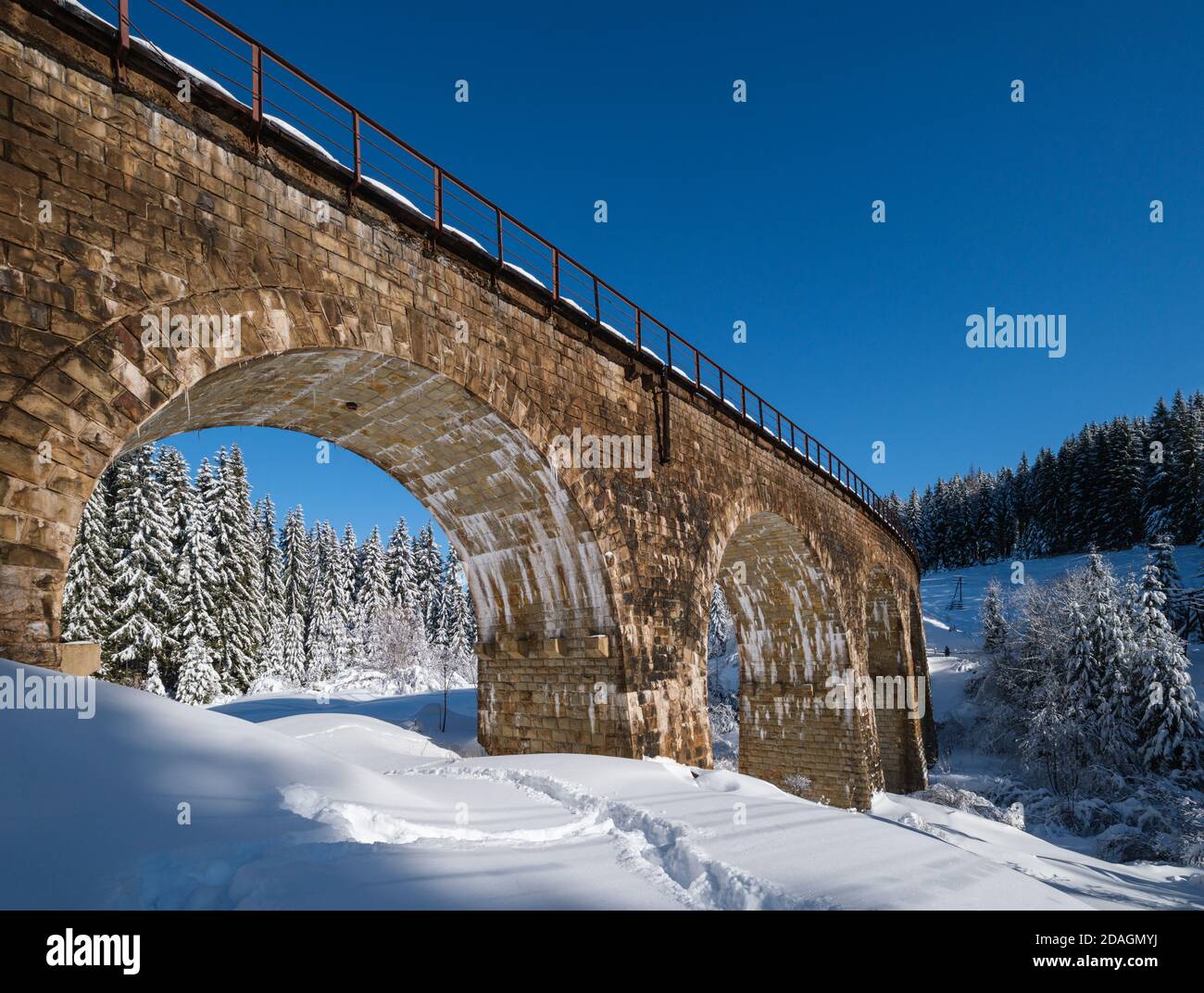 Stone viaduct (arch bridge) on railway through mountain snowy fir ...