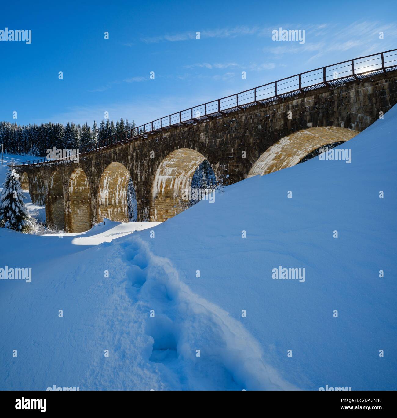 Stone viaduct (arch bridge) on railway through mountain snowy fir ...