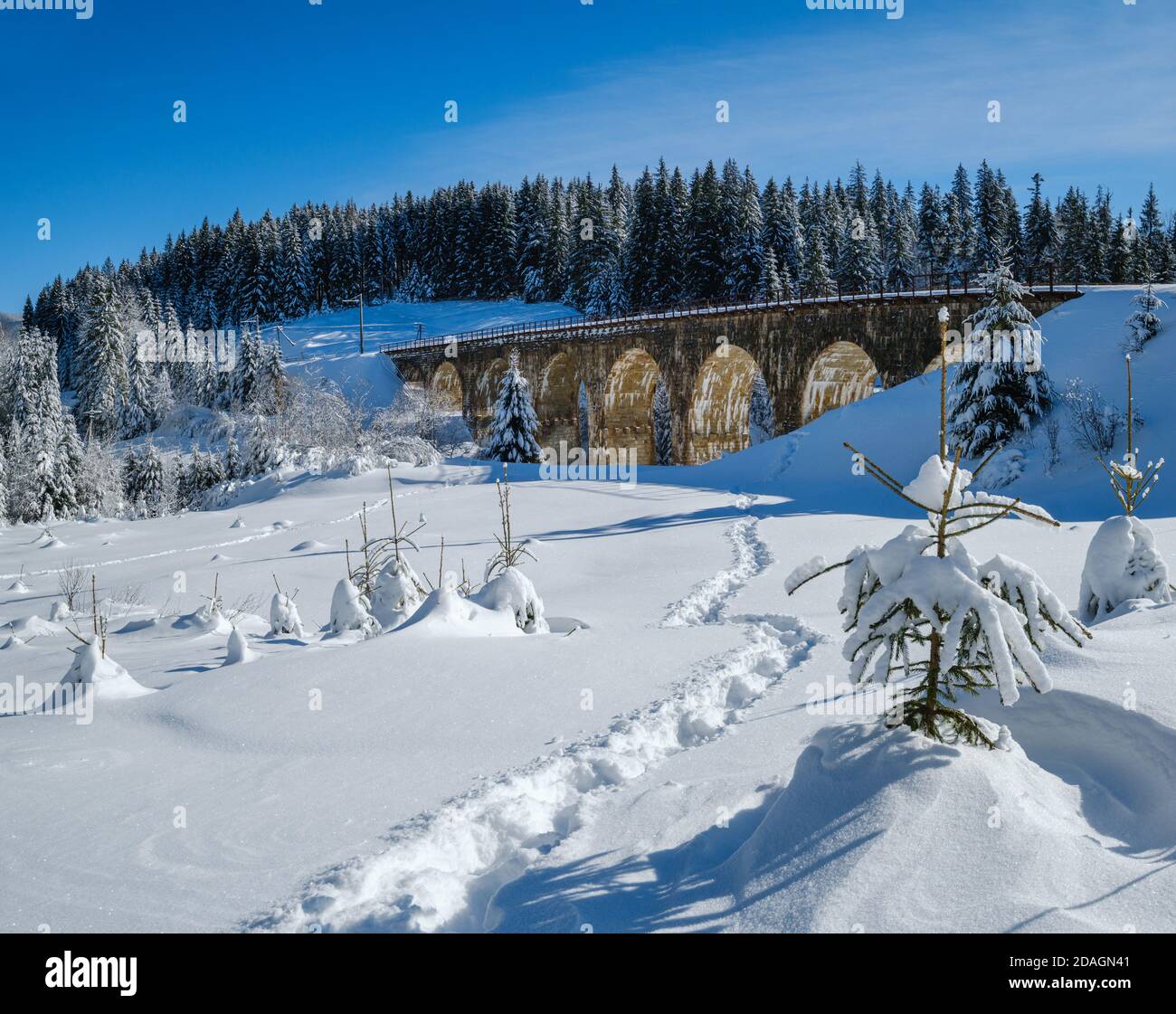 Stone viaduct (arch bridge) on railway through mountain snowy fir ...