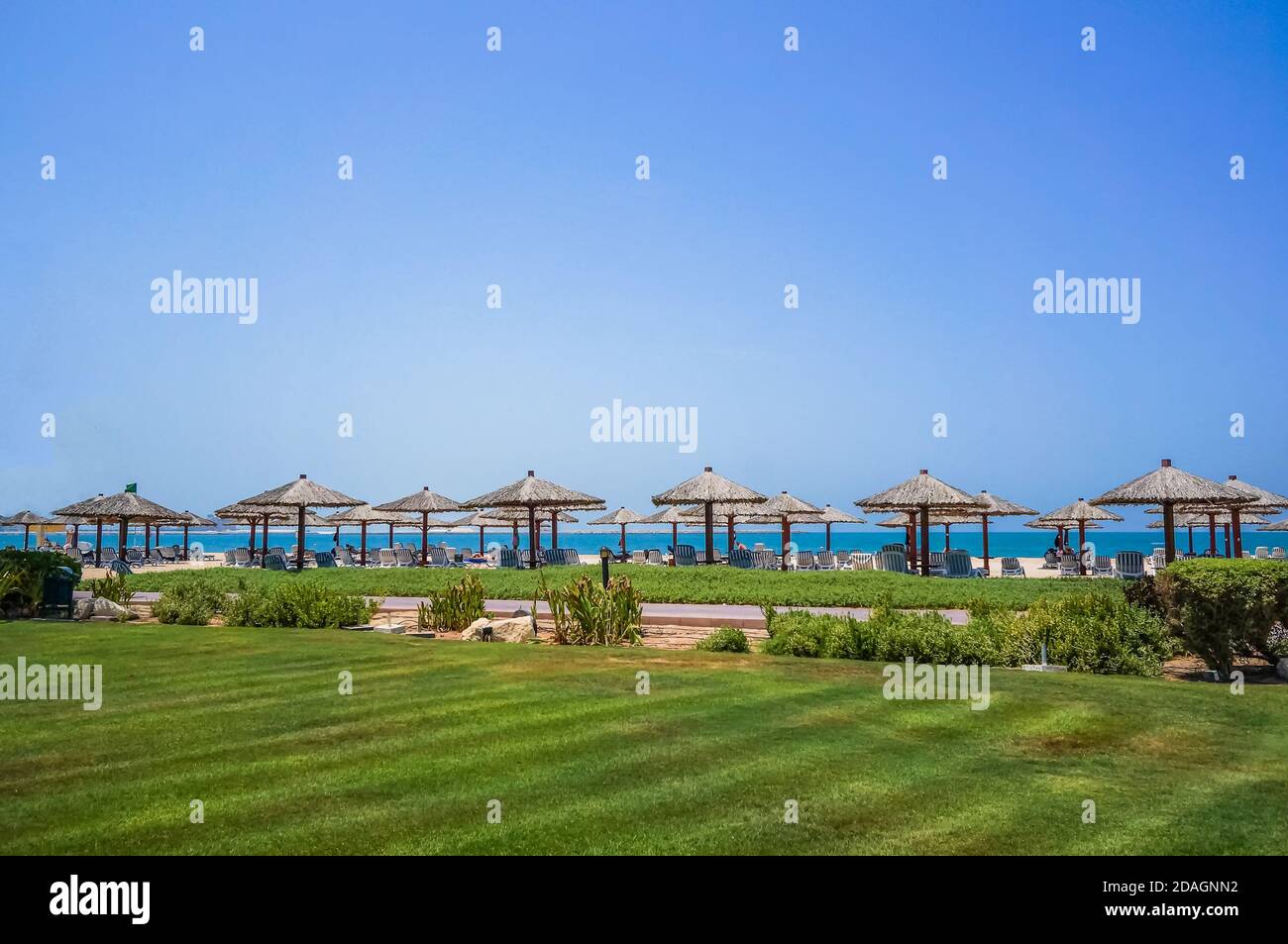 Vacation holidays beach background. The beach with sunbeds and ...
