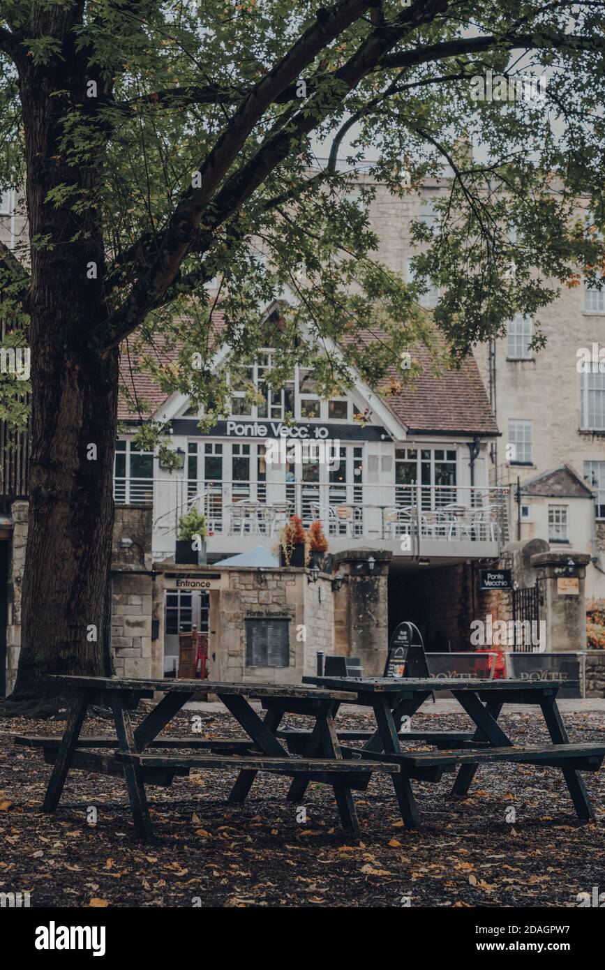 Bath, UK - October 04, 2020: Empty picnic tables by the river Avon in ...