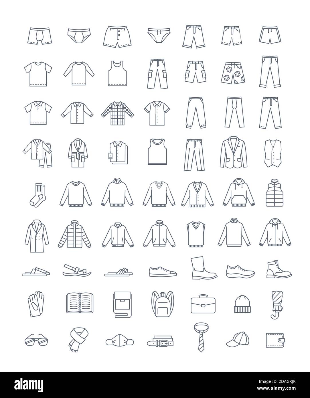 Men clothes, shoes and accessories simple line vector icons. Flat ...