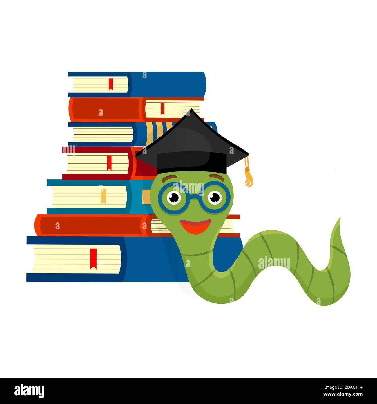 Cute bookworm in glasses wearing a graduate cap near a stack of ...