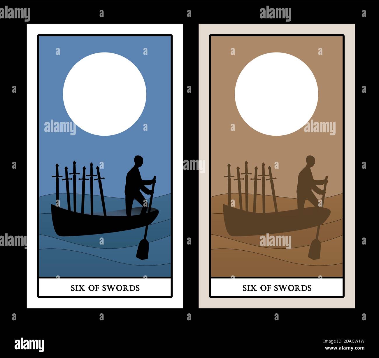 Six of swords. Silhouette of person rowing in the distance, in a boat ...