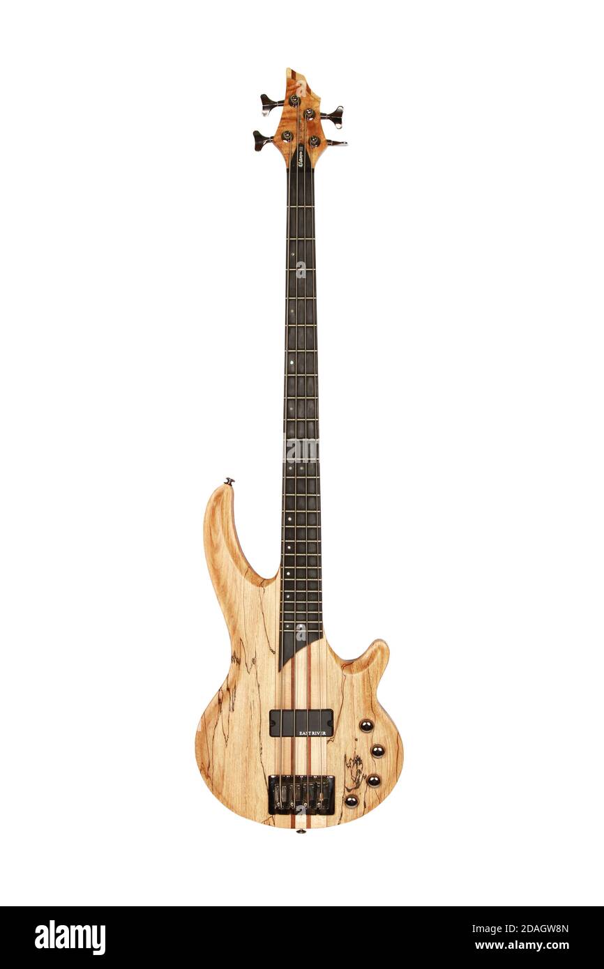 Wooden electric bass guitar isolated on a white background Stock Photo ...