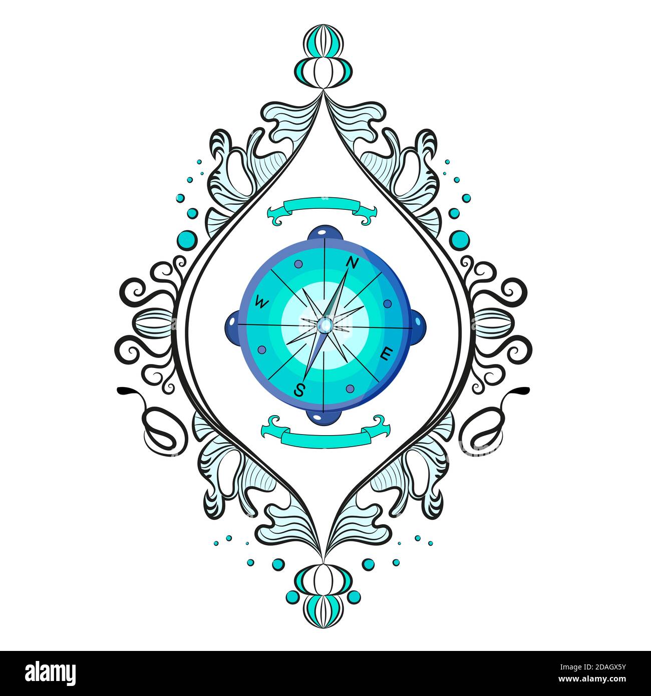 Marine compass. In frame. Victorian era, beautiful frame. Blue and ...