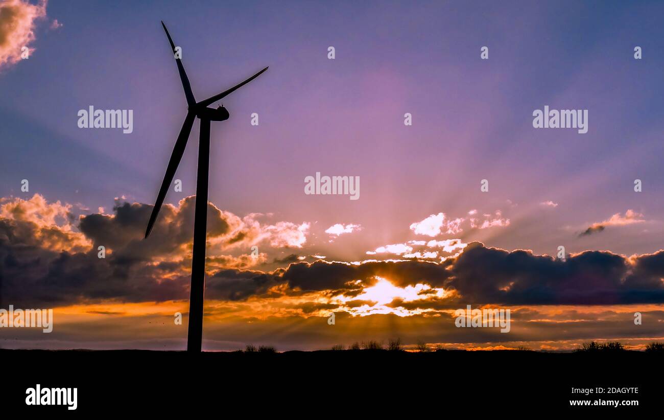 Electrical windmill at colorful sunset generates renewable energy Stock ...