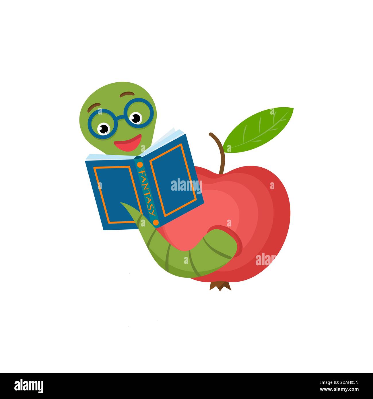 Cute bookworm with glasses jumps out of an apple and reads book ...