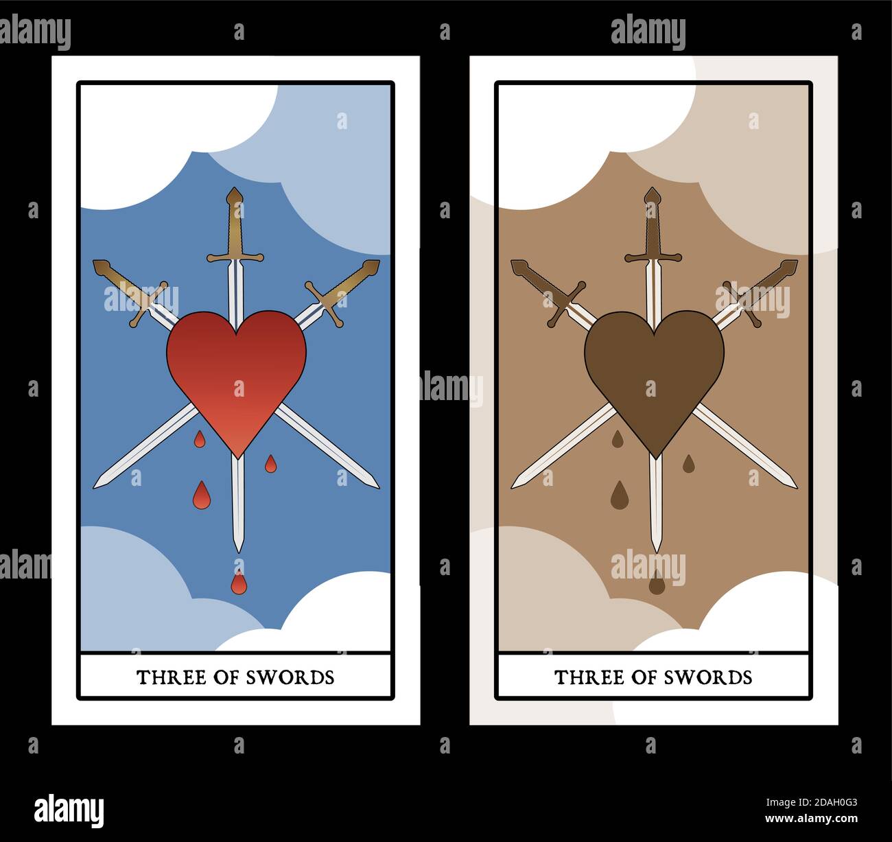 Three of swords. Heart pierced by three swords on clouds background ...