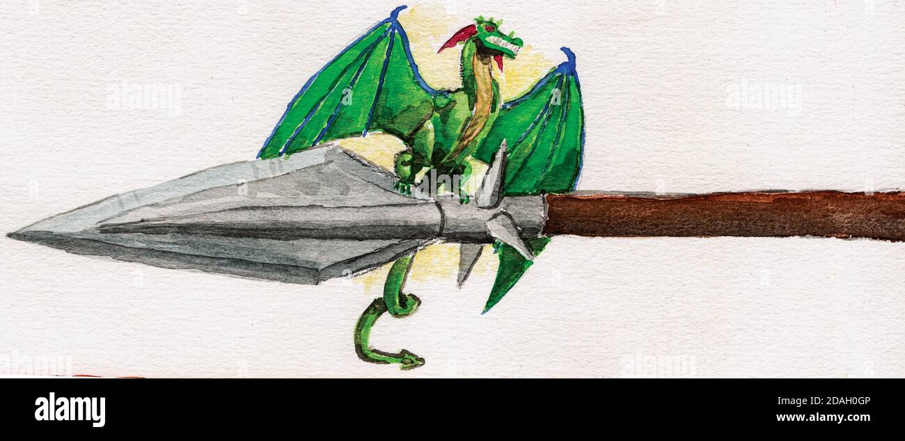 Drawing of a little green dragon perched on the spear blade. Watercolor ...