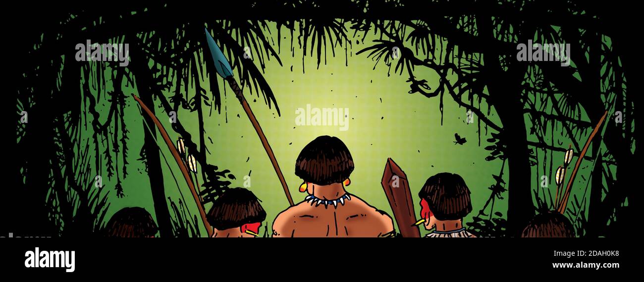 Illustration of Brazilian indigenous men walking through the rainforest ...