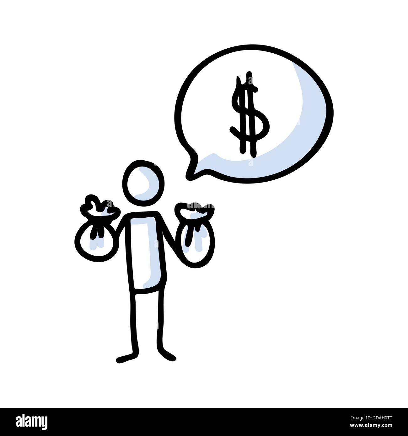 Hand drawn stickman with money bags with dollar sign speech bubble ...