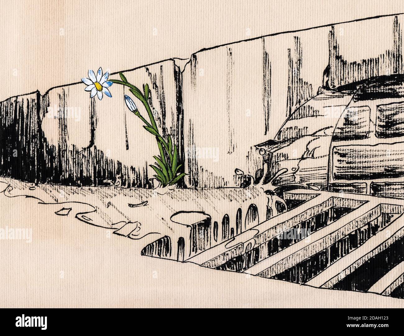 Illustration of a colorful tiny flower growing up from the street ...