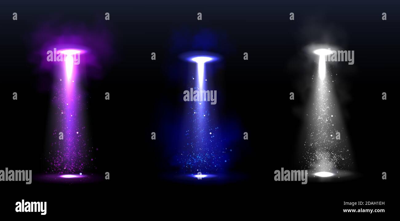Ufo light beams, glowing rays from alien spaceships. Vector realistic ...