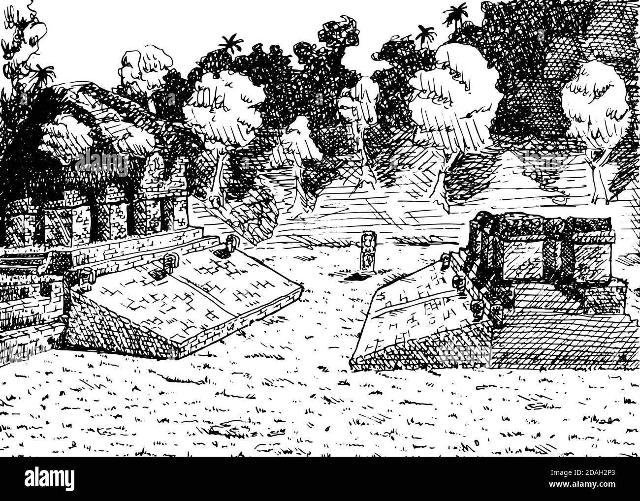 Ruins of ball court in the middle of forest at the old city of Copan ...