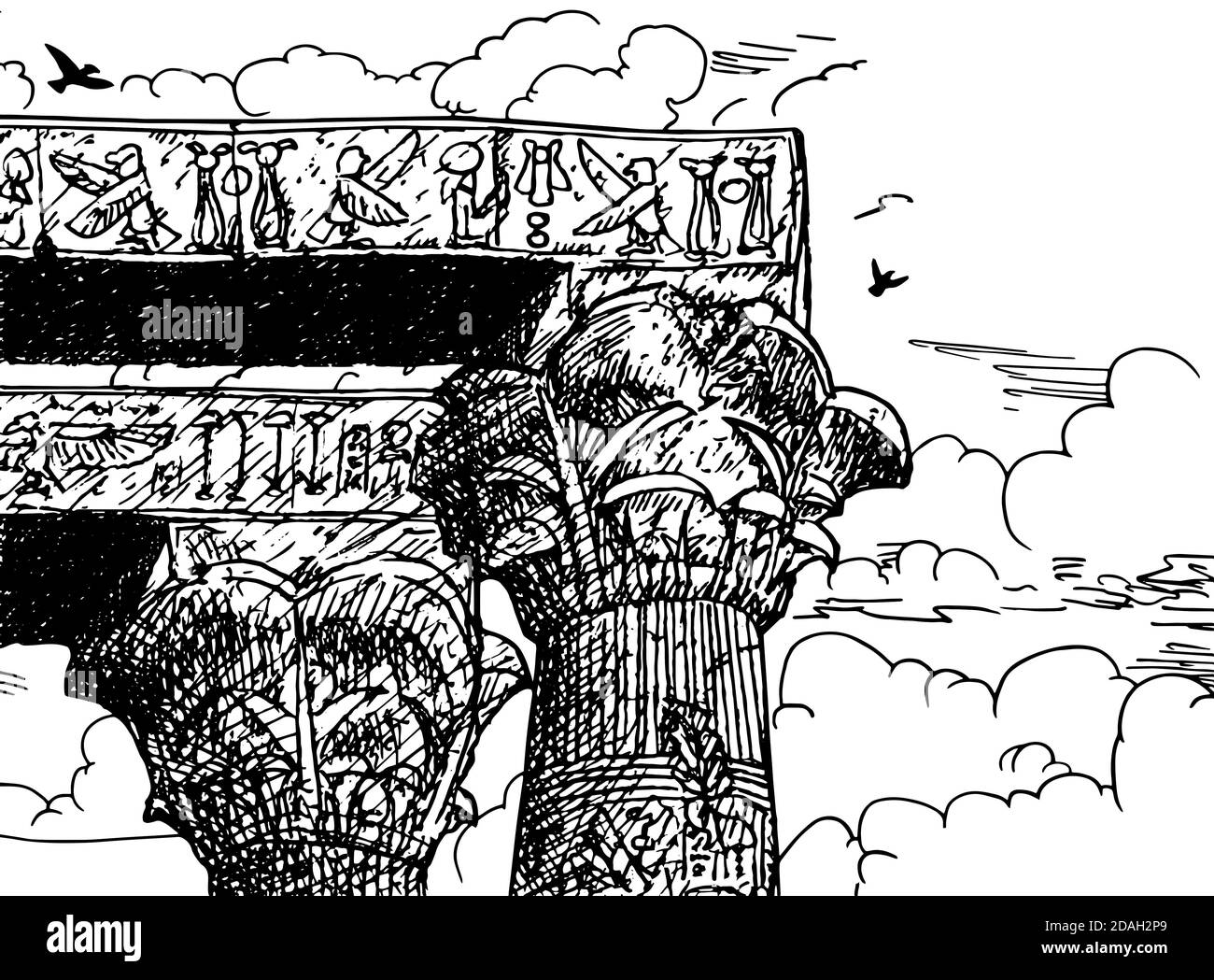 Column capital in papyrus style and girders covered by hieroglyphics ...