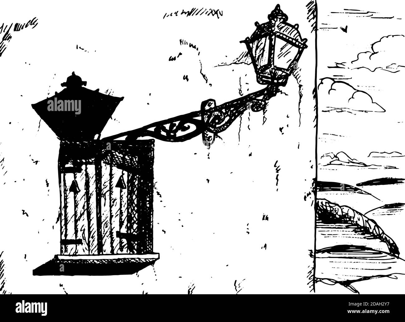 Old style metal sconce stuck to a wall with window. In a sunny day on ...