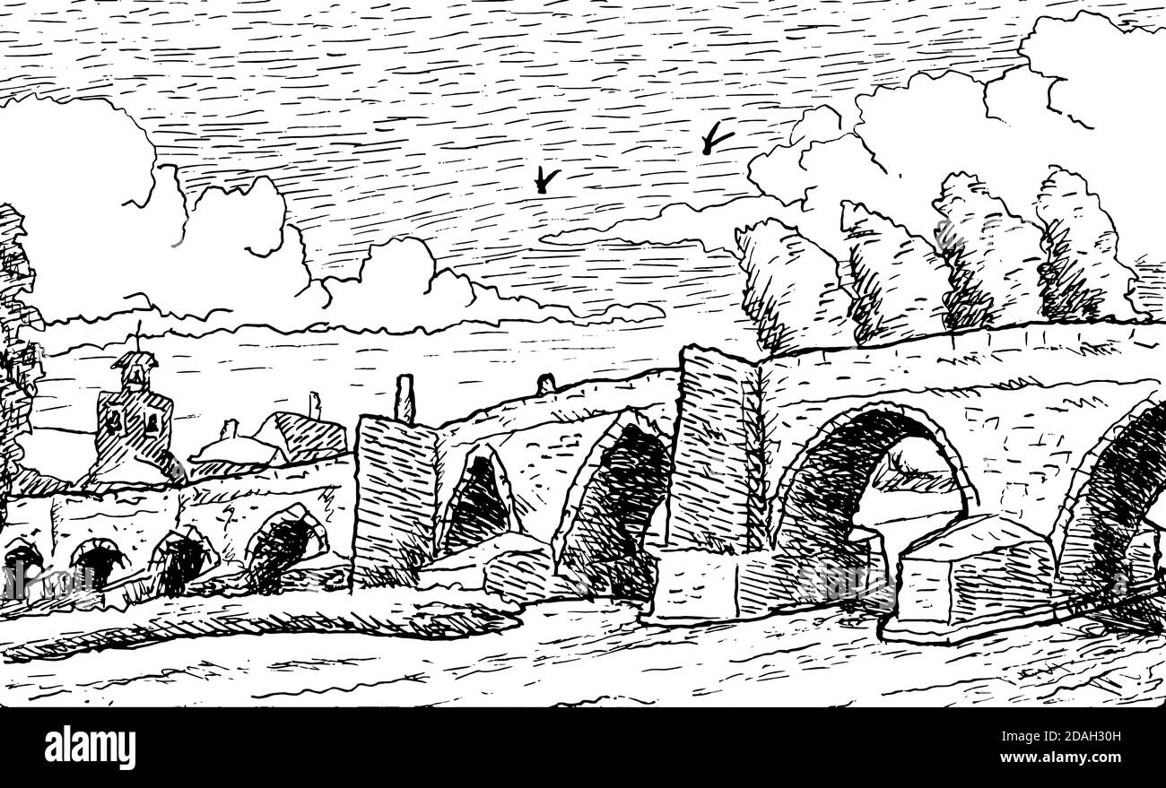 Pathway over gothic stone bridge at Hospital de Orbigo. A historical ...