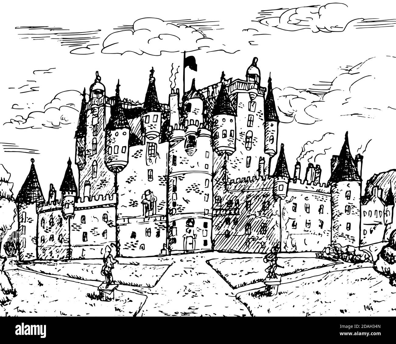 Front facade of Glamis Castle with pointed turrets, is the epitome of ...