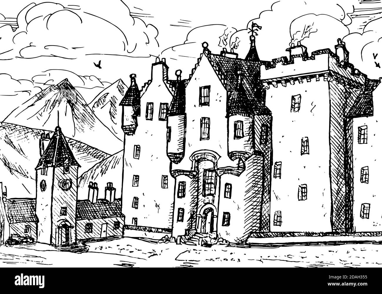 Front facade of Blair Atholl Castle with pointed turrets. In the middle ...