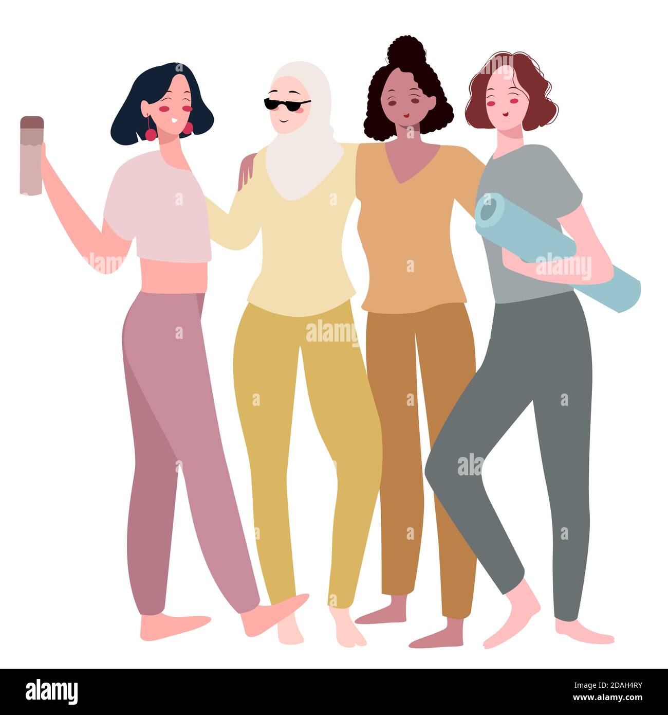 Group of woman pose hug doing gym with flat cartoon style Stock Vector ...
