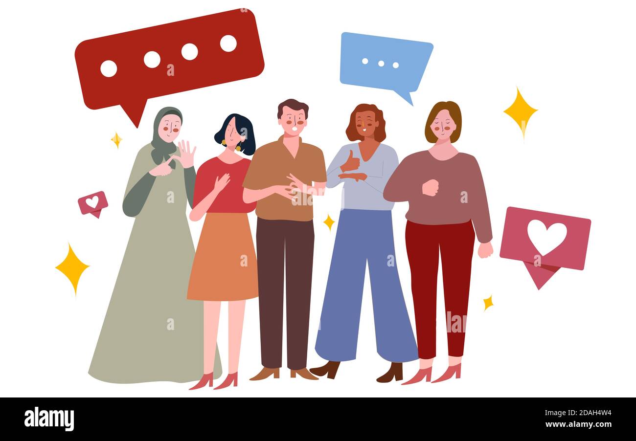 people character man woman deaf communicate use finger hand sign ...