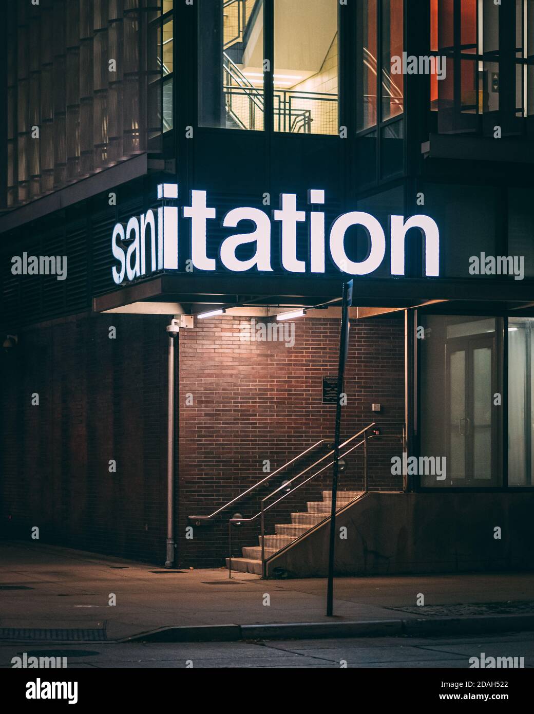 The Department of Sanitation Building sign at night, in Tribeca ...