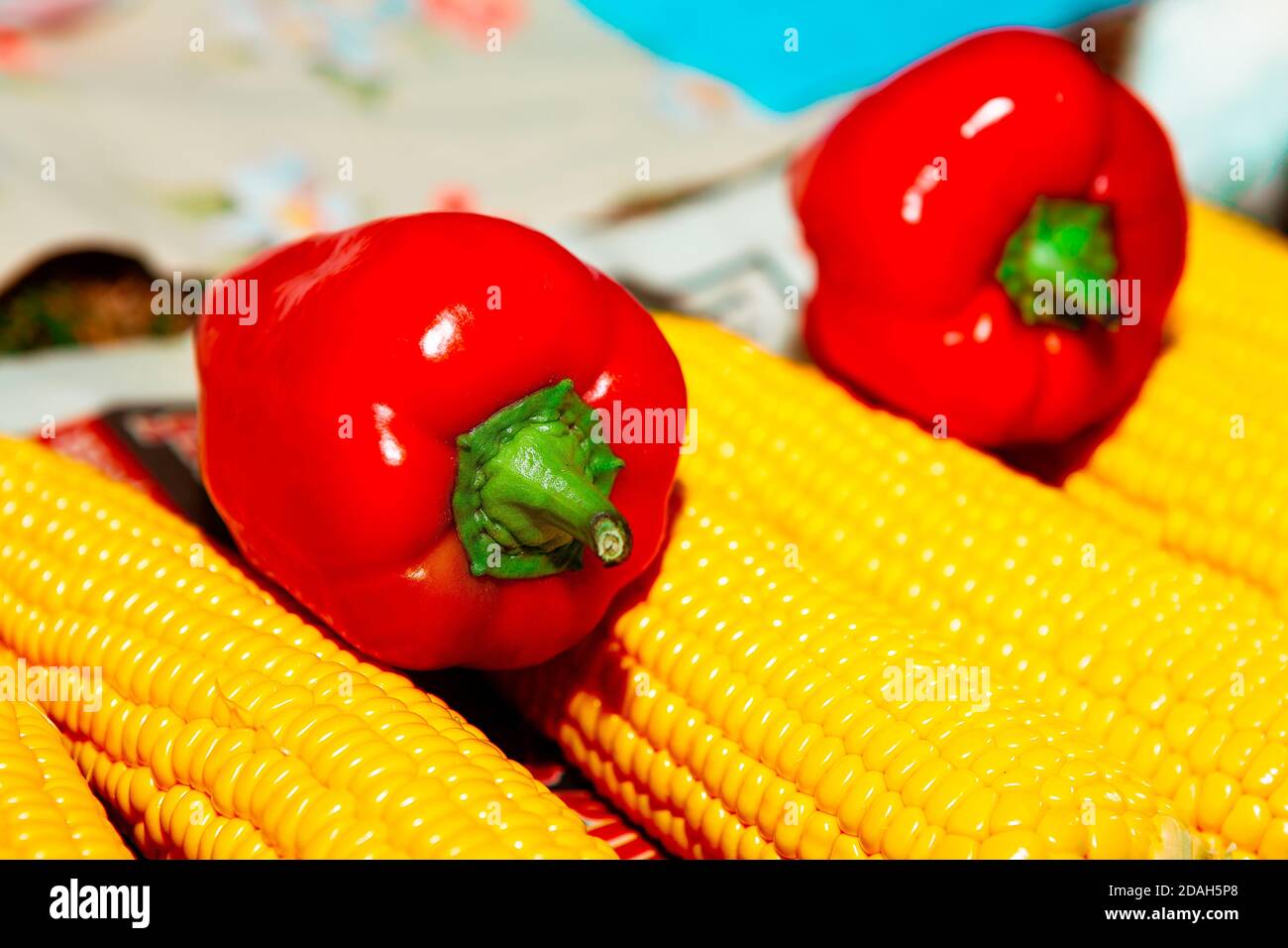 Sweet peppers and corn . Bell pepper and maize . Red and yellow ...