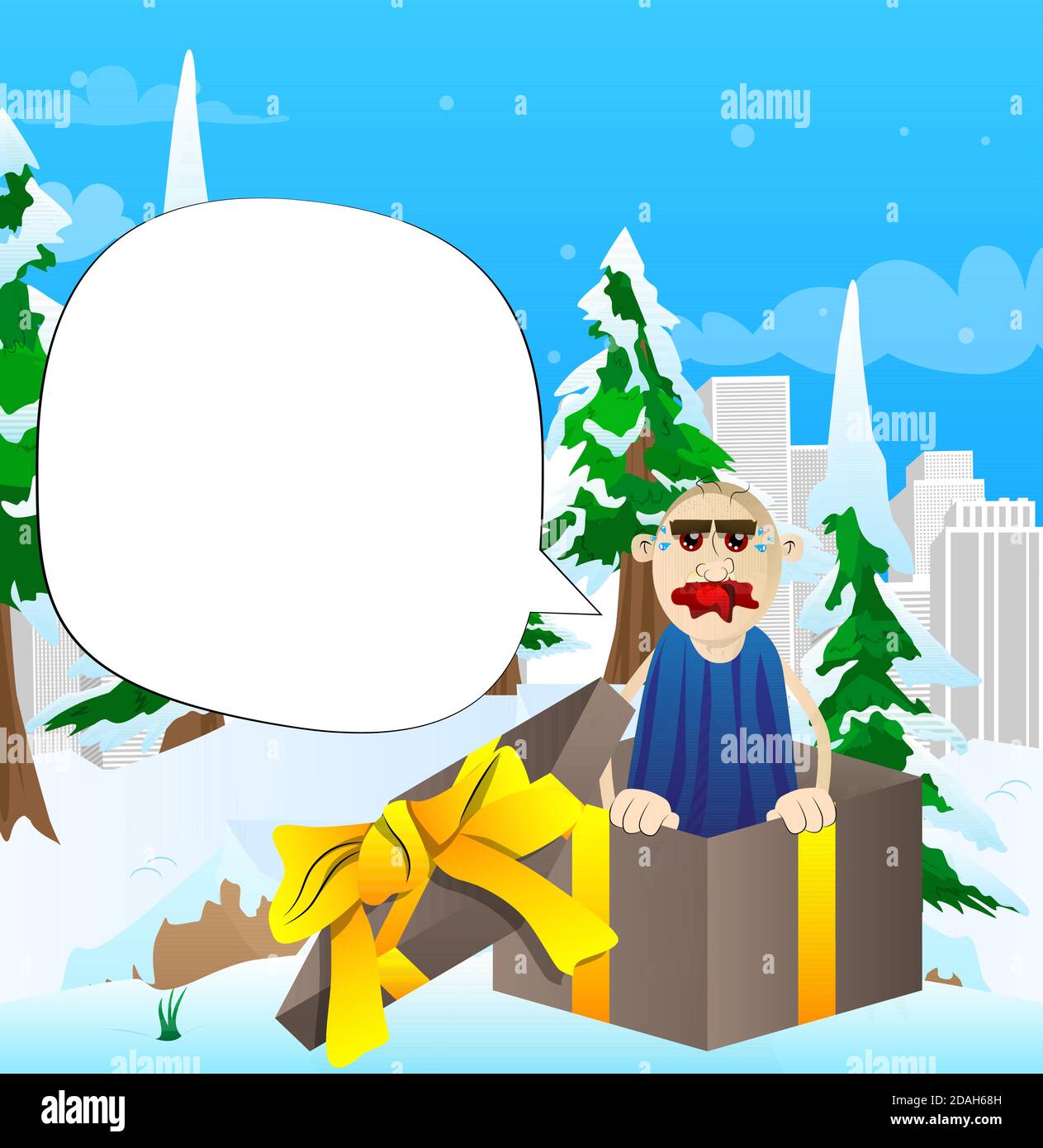 Cartoon caveman in a gift box. Vector illustration of a man from the ...