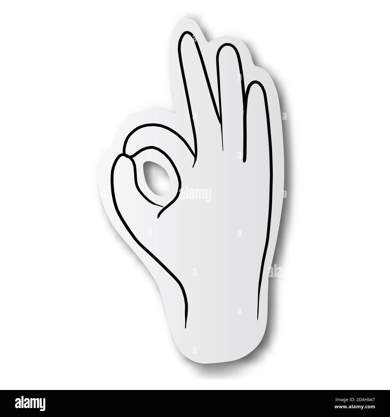 black line hand drawn of OK hand sign on cut paper with shadow isolated ...