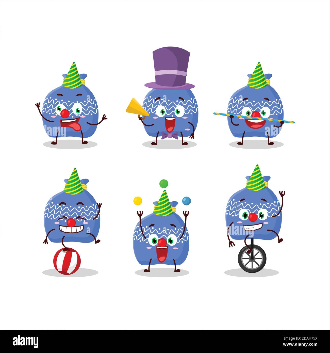 Cartoon Character Of Blue Santa Bag With Various Circus Shows Stock