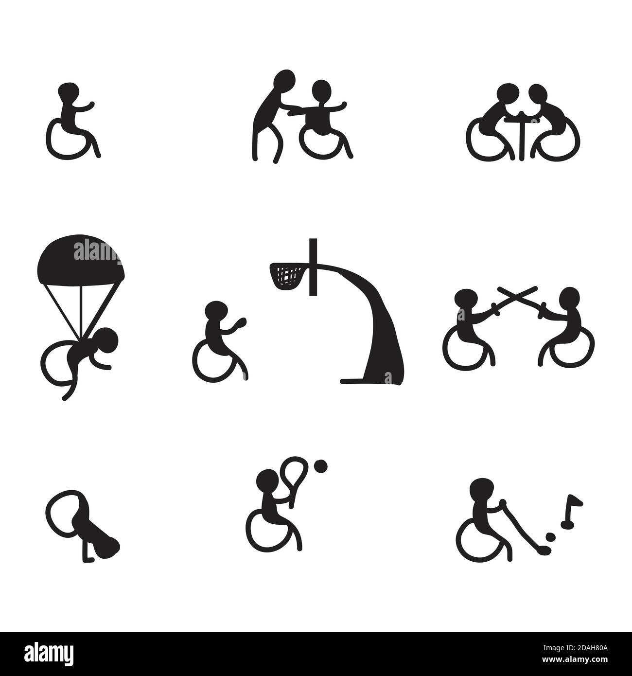 Hand drawn of disabled sports black pictogram invalid people icons set ...