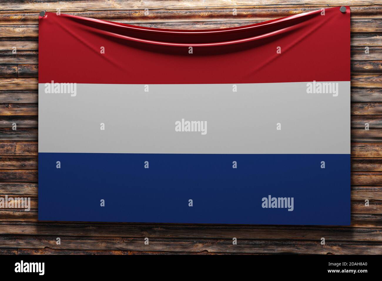 3D illustration of the national fabric flag of Netherlands nailed on a ...