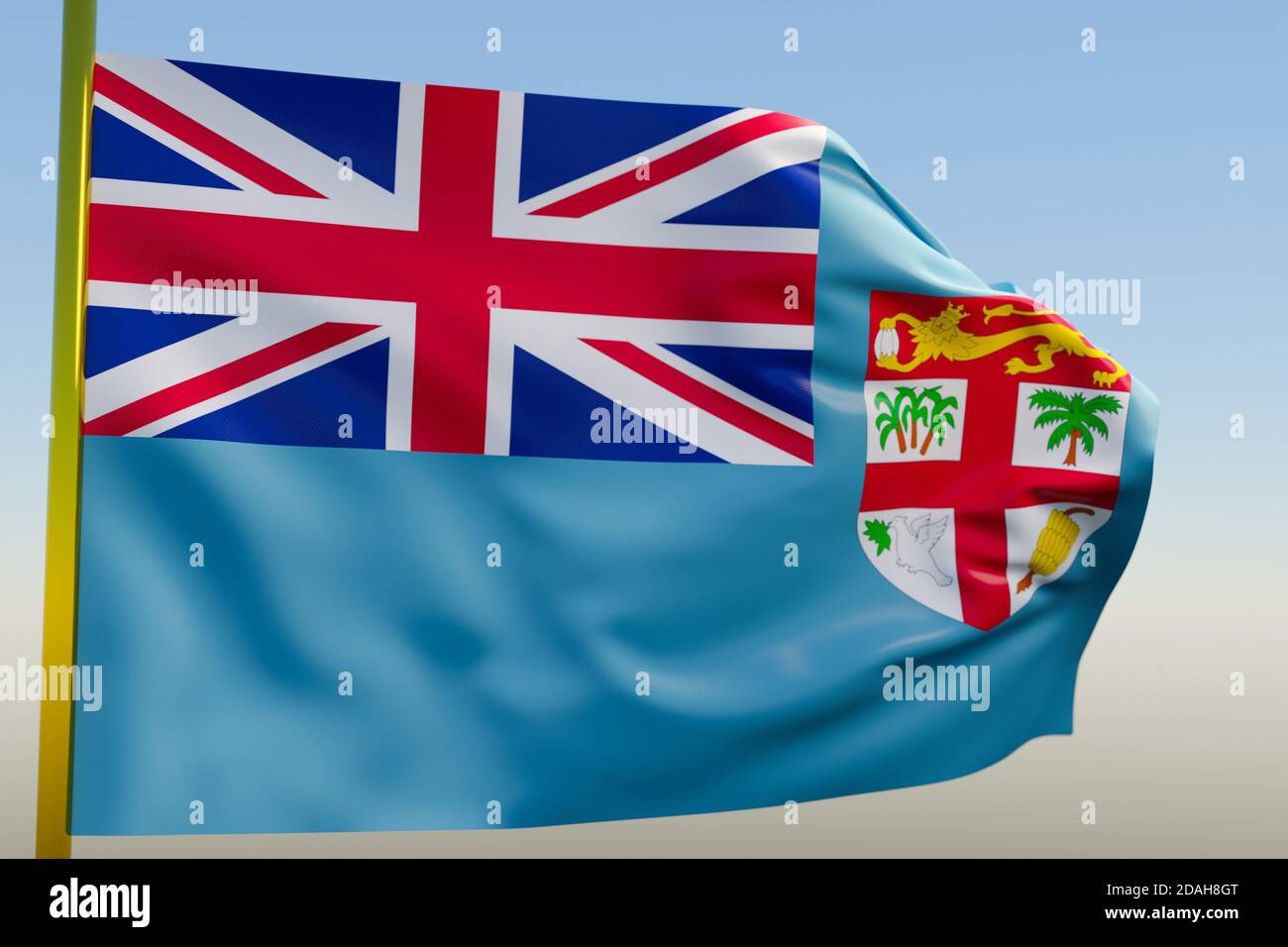 3D illustration of the national flag of Fiji on a metal flagpole ...