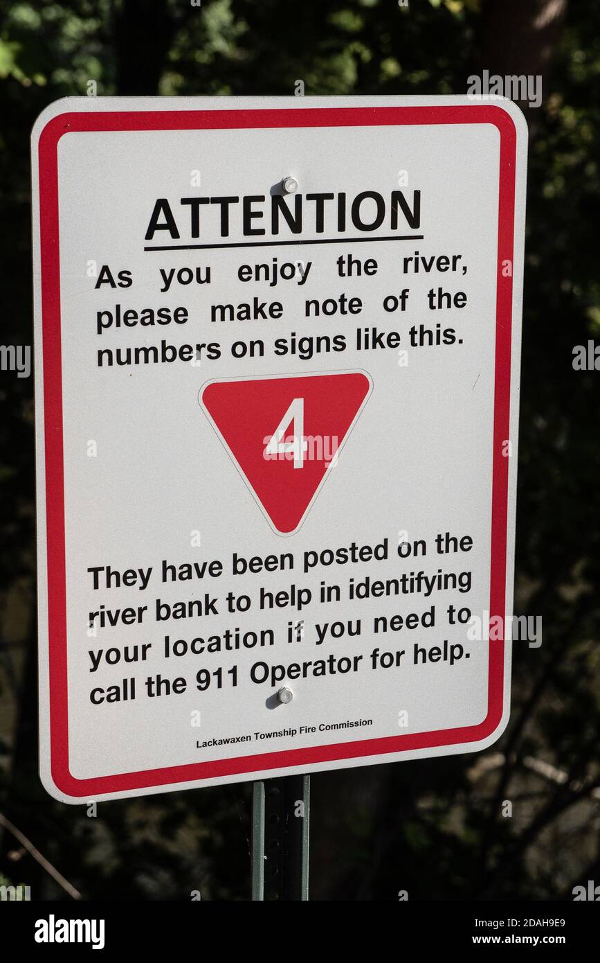 River Flooding Warning Sign in the Poconos of Pennsylvania Stock Photo ...