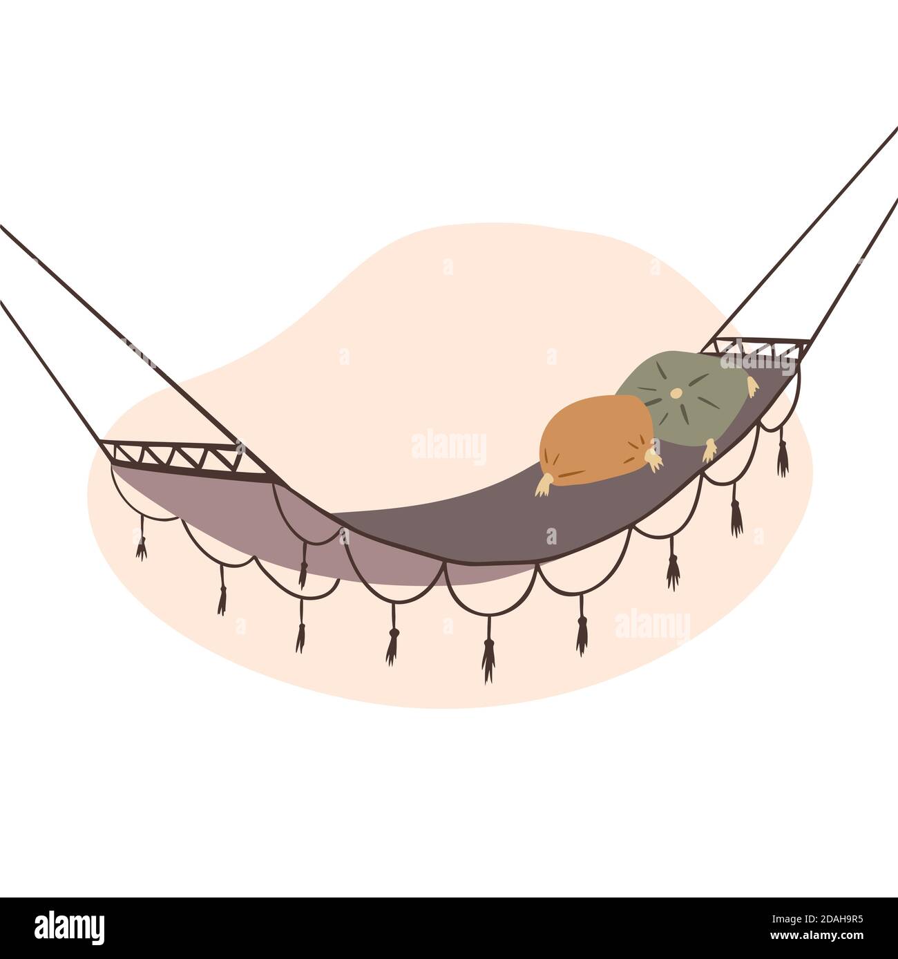 Flat cartoon hammock with boho decorations and pillows. Rest and relax ...