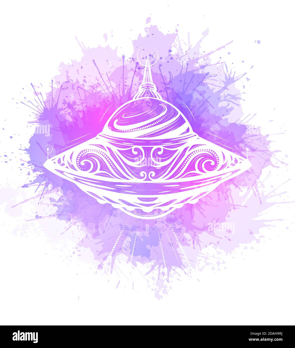 Unknown flying object. UFO white silhouette with decoration and tracery ...