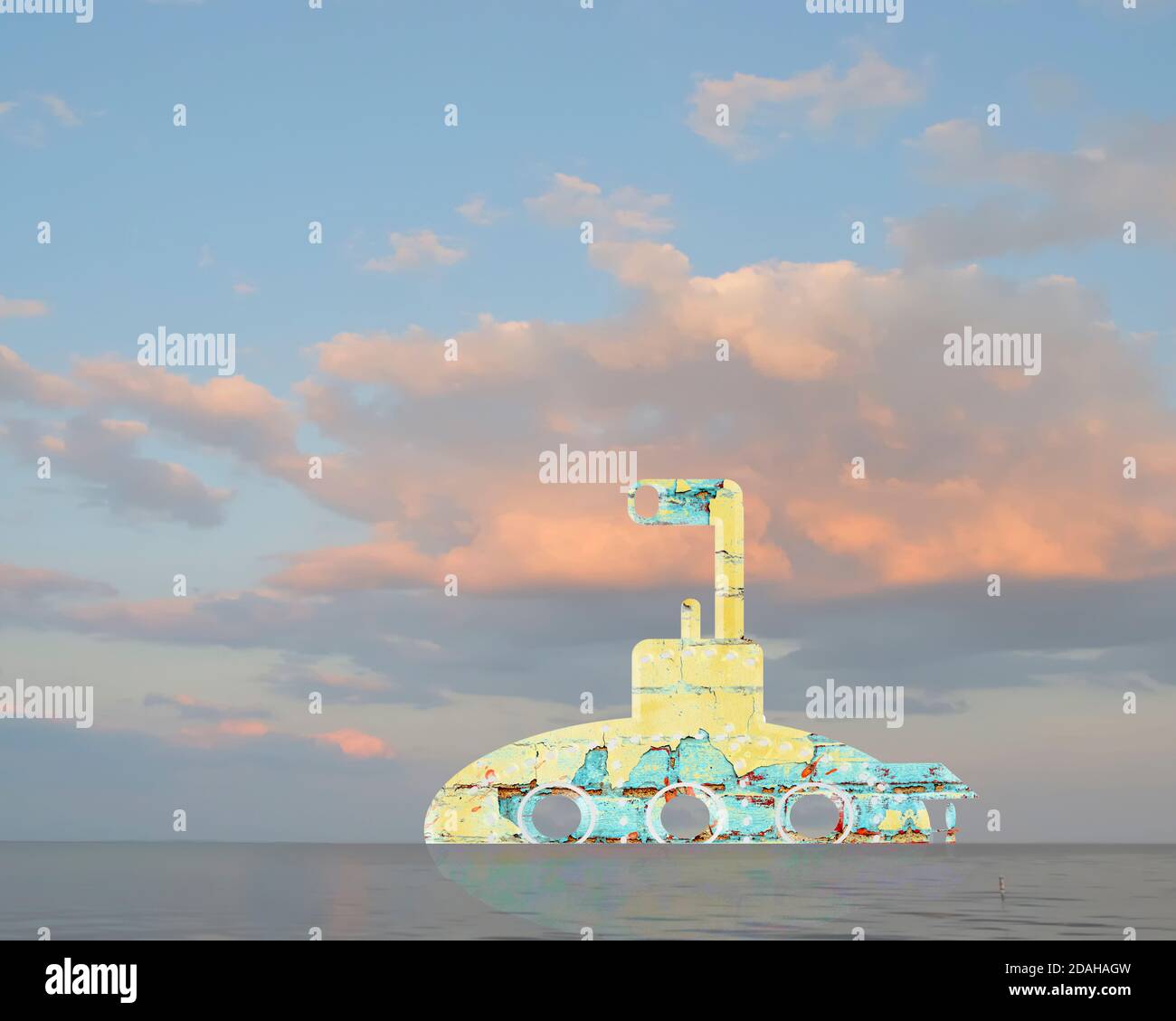 Quirky yellow submarine illustration at sunrise with peach orange ...