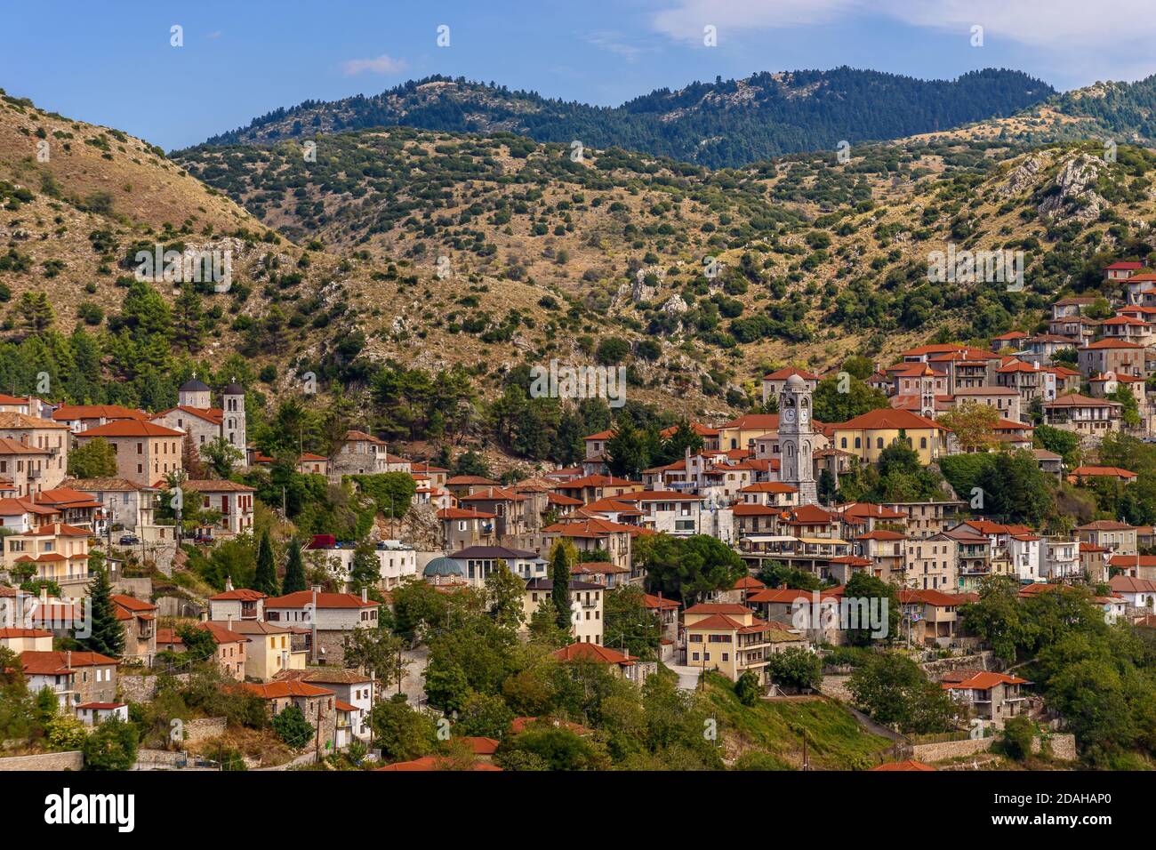 Traditional architecture with the famous clock tower in Dimitsana ...